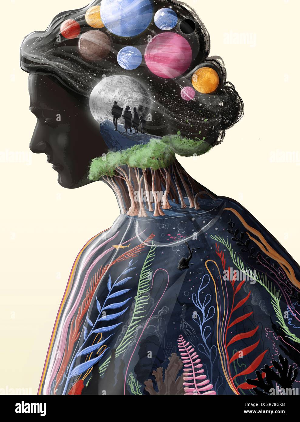 Conceptual illustration showing a woman in thought. Inside are a group ...