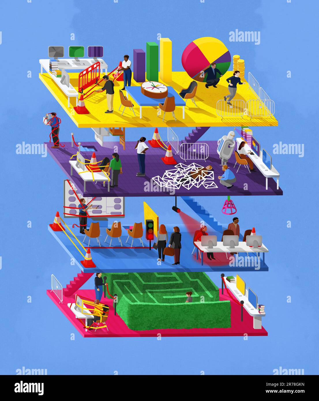 Conceptual illustration showing a workplace where employees are being ...