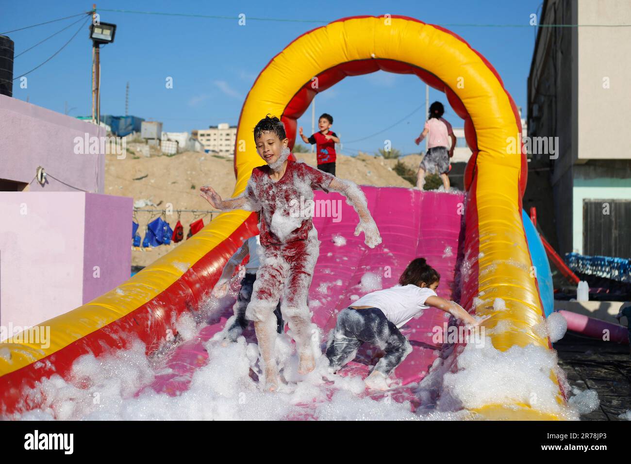 Gaza, Palestine. 12th June, 2023. Palestinian children play with soap ...
