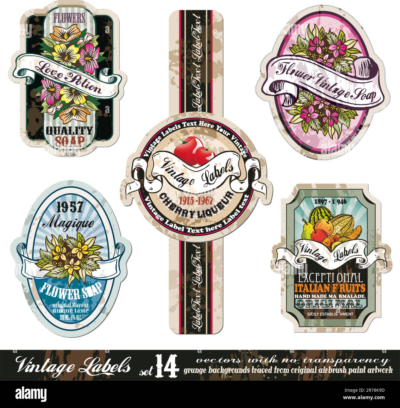 Vintage Labels Collection - five design elements with original antique ...