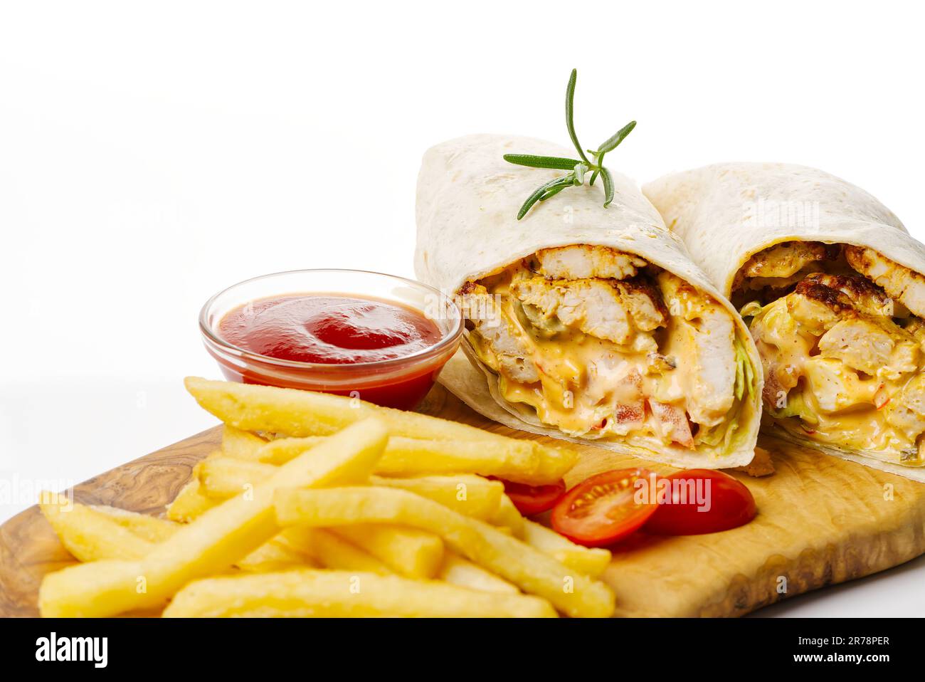 wrap and french fries isolated on white background. Wrap cut in half ...