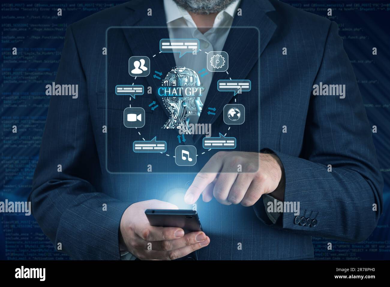 Artificial Intelligence in Bot Chat. Businessman using Ai chatbot in ...