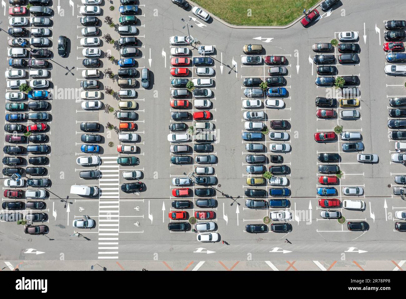 aerial top view of crowded outdoor parking lot near shopping mall ...