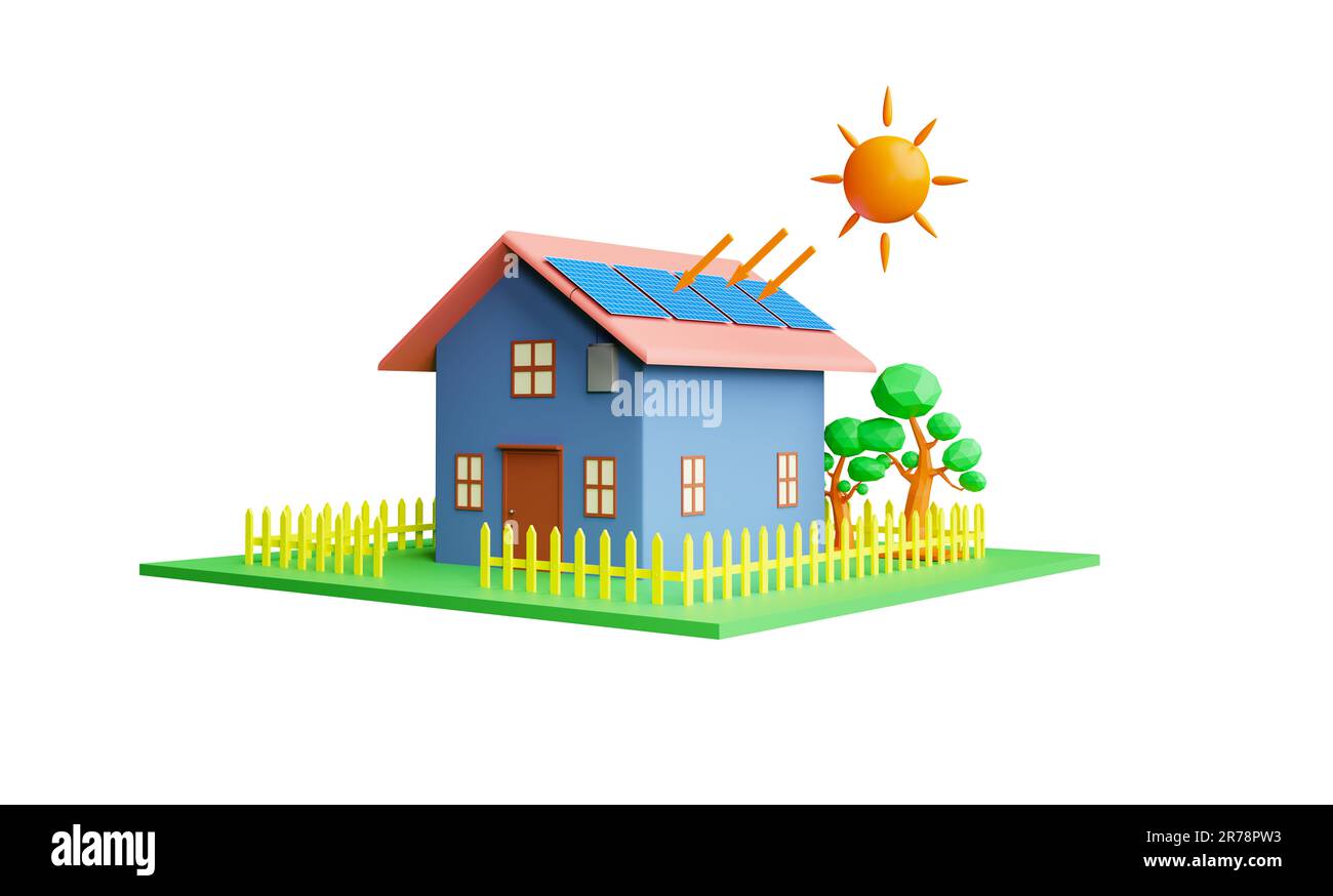 3d Rendering House with solar panels on the roof and sun illustration ...
