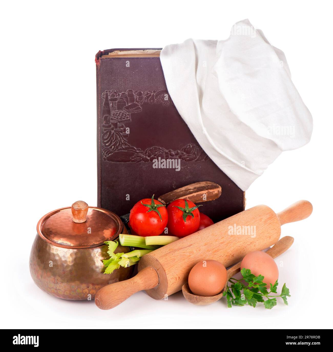 kitchen equipment - copper pan, rolling pin, spoons and different raw ...