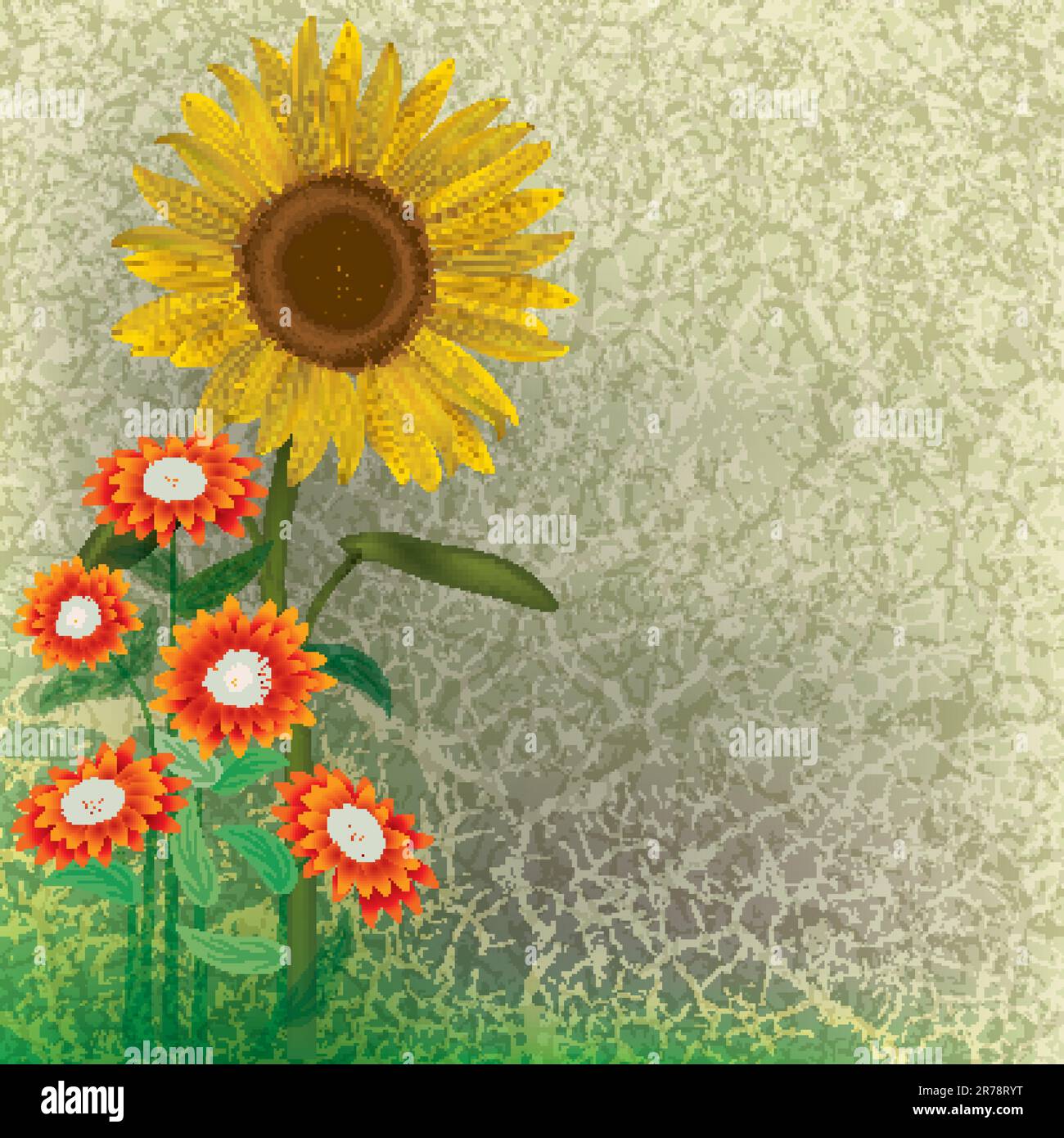 grunge floral illustration with sunflower and red flowers Stock Vector ...