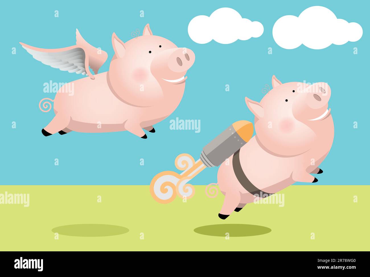 Two competing pigs; one flying with wings and the other using an ...