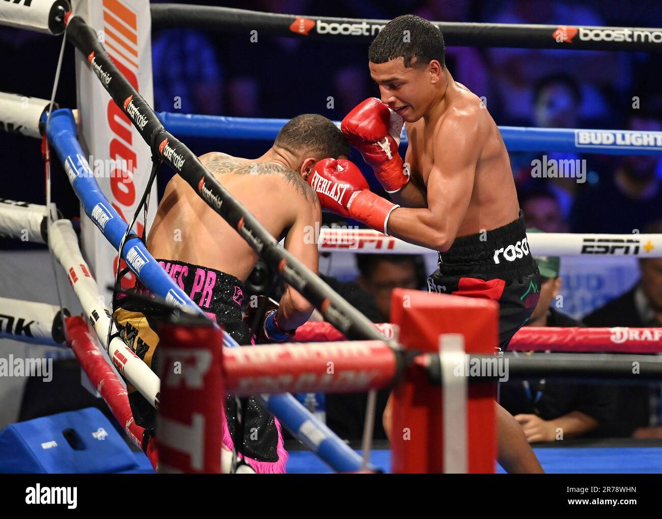 NEW YORK, NY - JUNE 10: Omar Rosario (red tape) takes on Jan Carlos ...