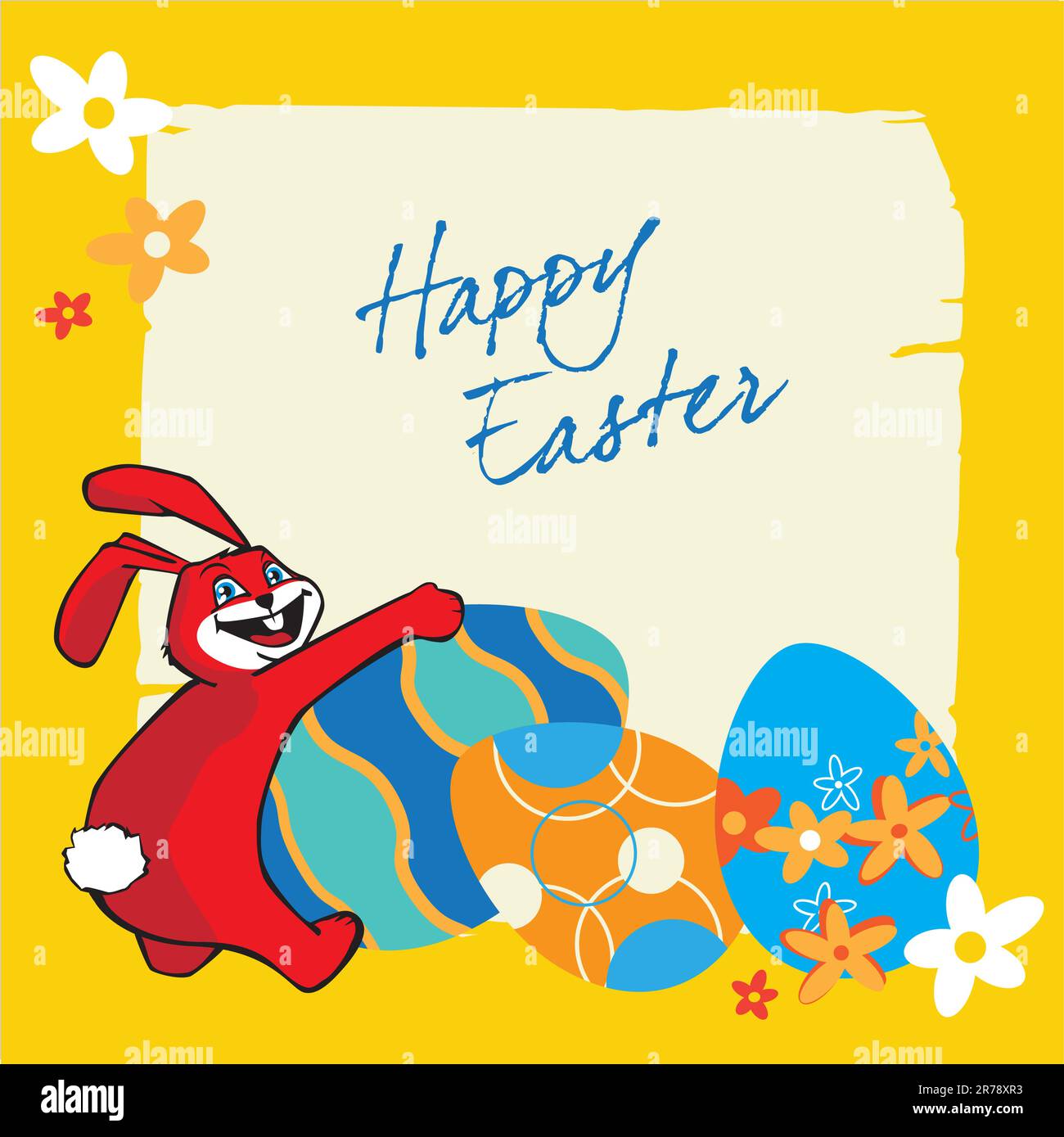 Vector illustration -The rabbit and colourful Easter eggs on a yellow ...