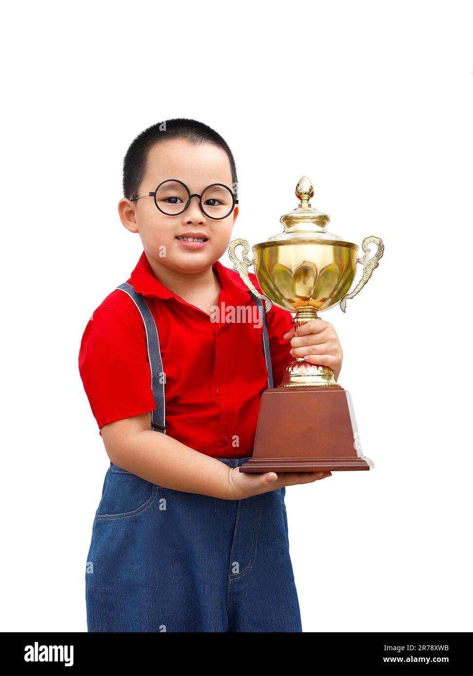 A smart boy holding a big trophy. Isolated on a white background Stock ...