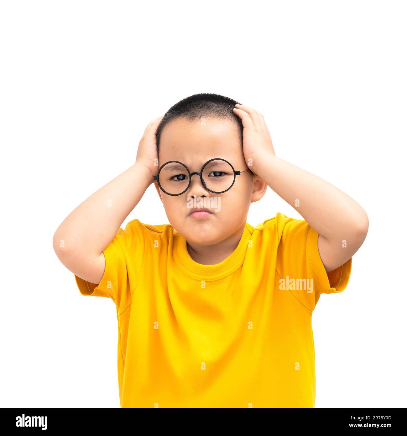 Portrait of a confused child and headache on a white background Stock ...