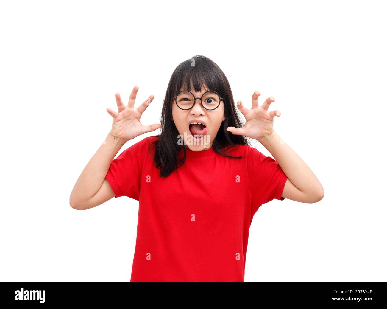 Girl with spooky hands gesture and stick out tongue. isolated on white ...