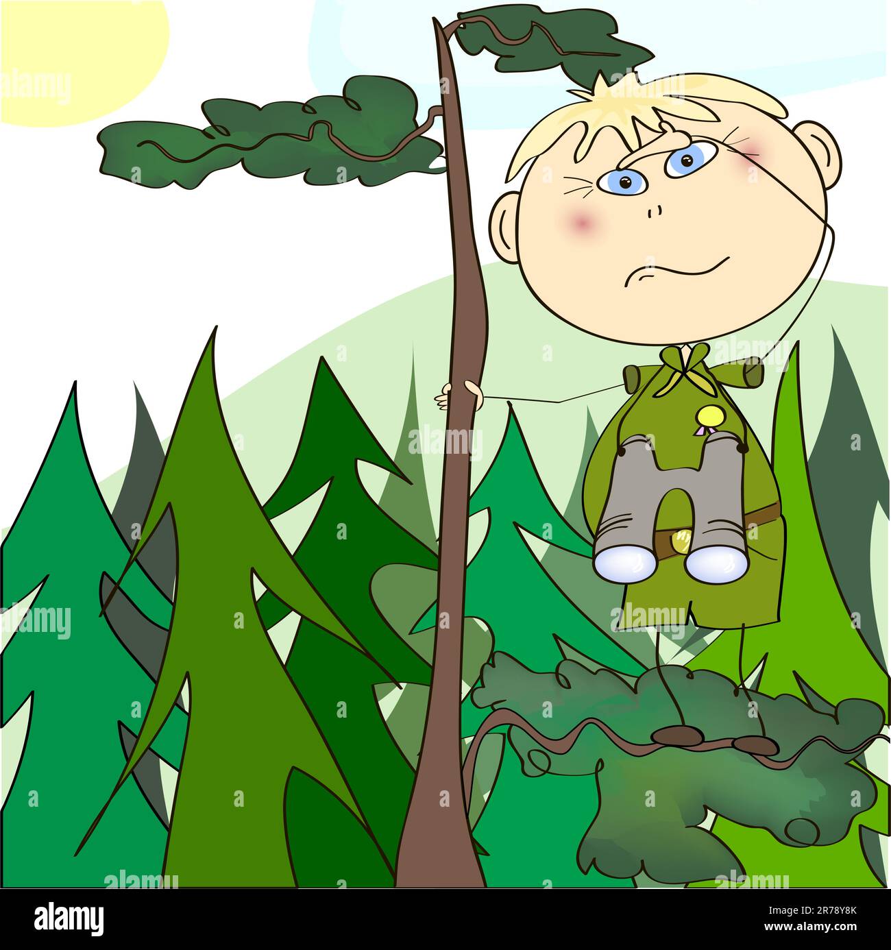 Boy scout climbed the tree with binoculars and looks into the distance ...