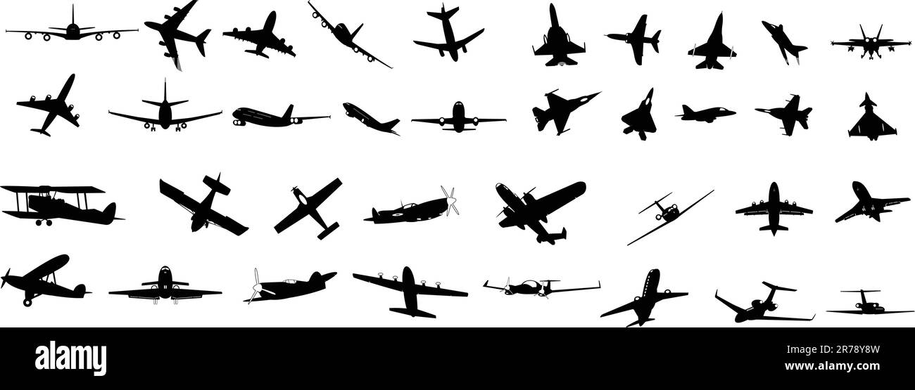 set of illustrated jet and propeller aircraft silhouettes Stock Vector ...
