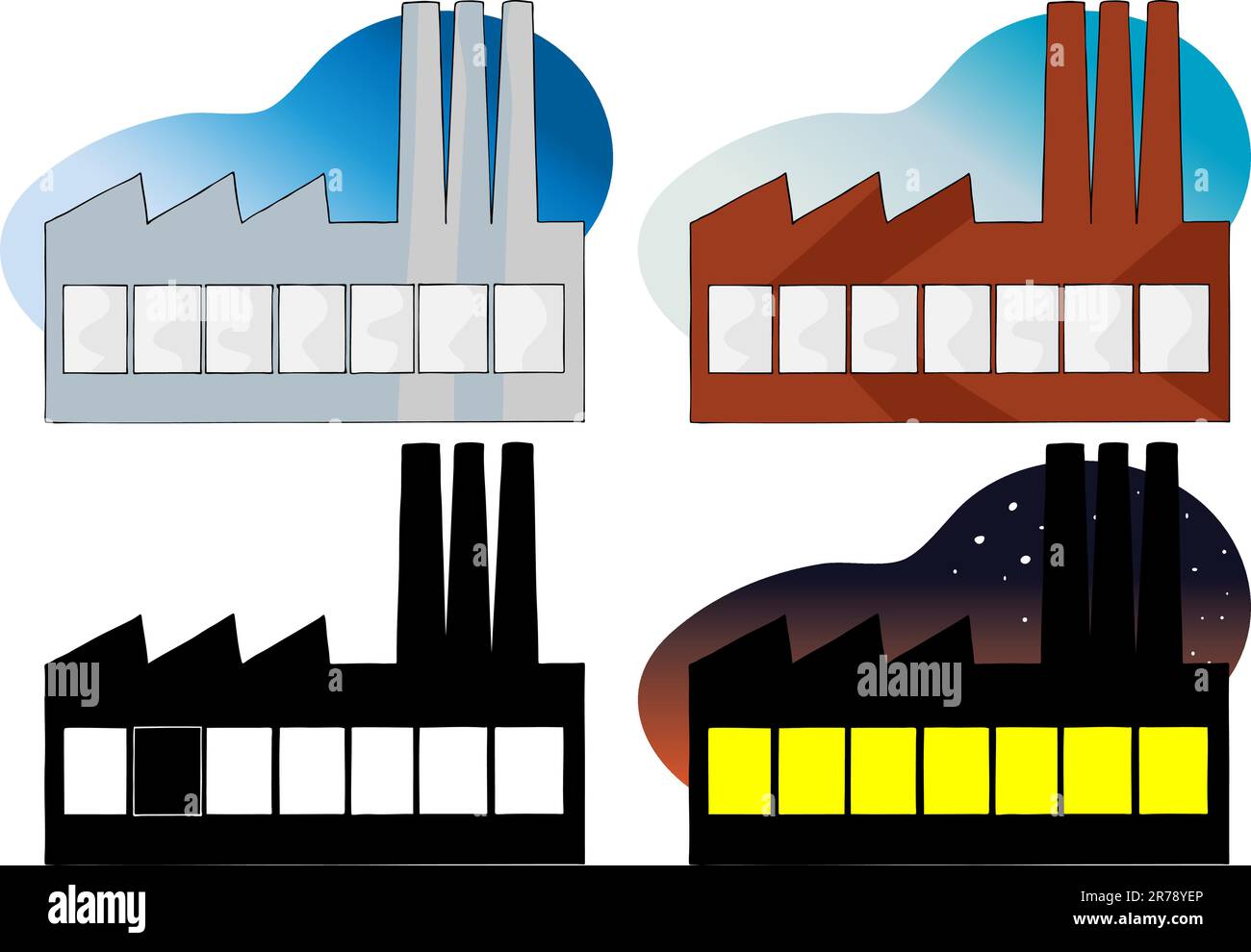 Four variations of a side view of a factory or power plant Stock Vector ...