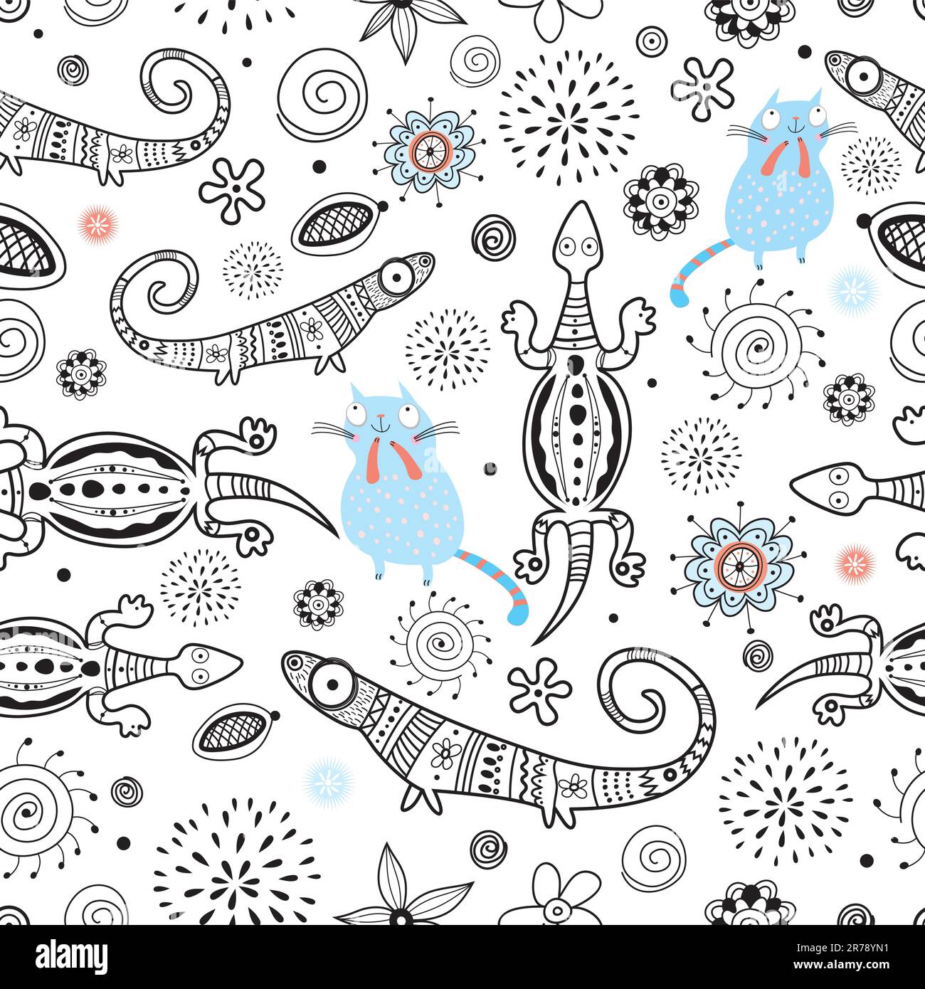 seamless pattern of graphic lizards and cats on a white background ...
