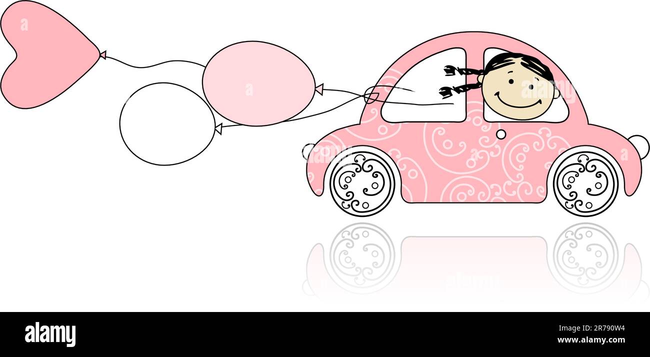 Smiling girl behind wheel pink car for your design Stock Vector Image ...