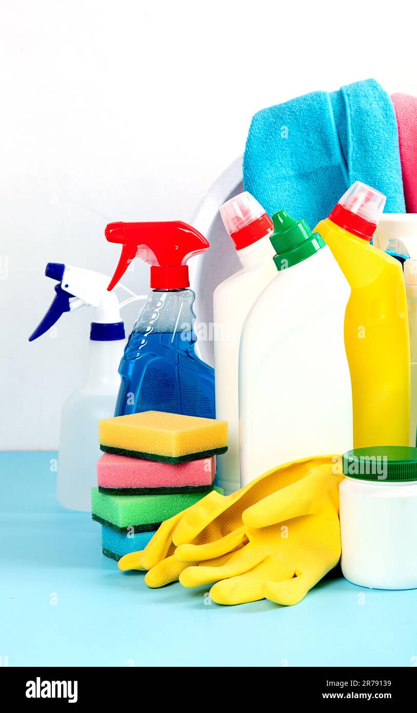Cleaning products. Bottles, rubber gloves and cleaning sponge. Cleaning ...