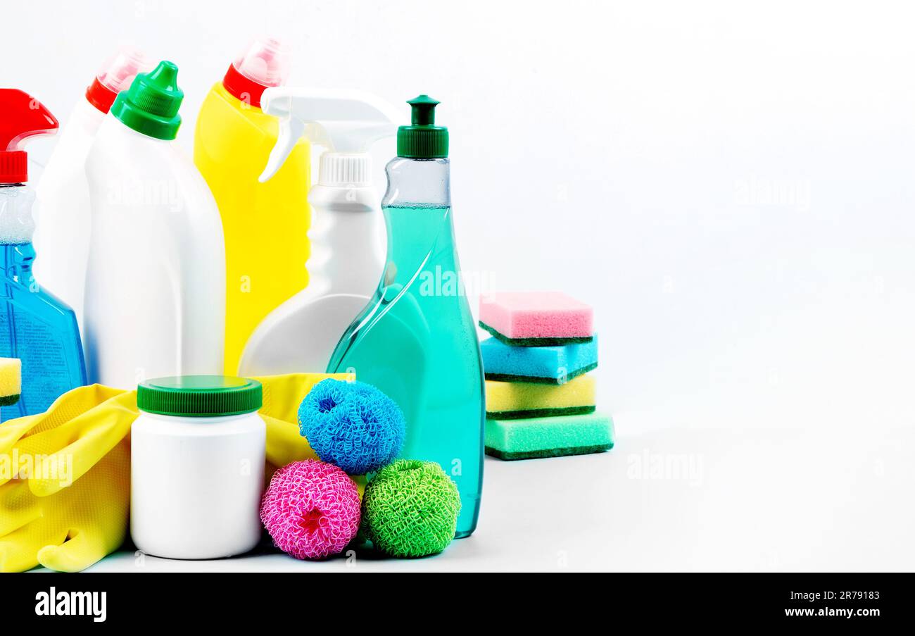 Cleaning products. Bottles, rubber gloves and cleaning sponge. Cleaning ...