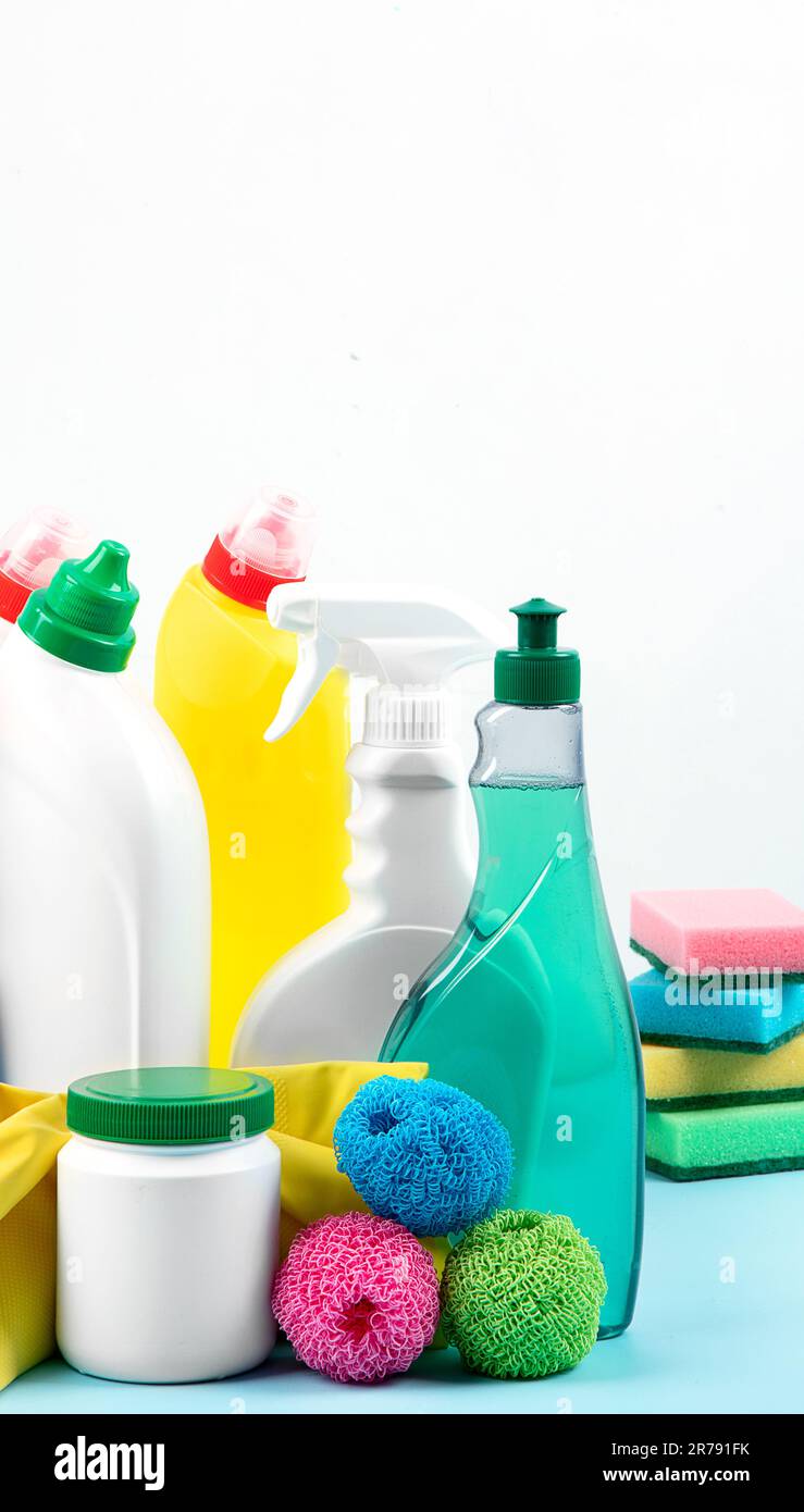 Cleaning products. Bottles, rubber gloves and cleaning sponge. Cleaning ...