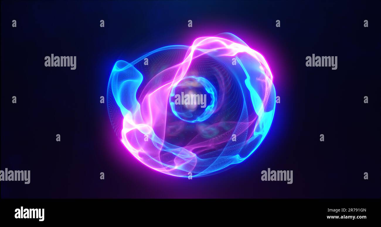 Blue purple energy sphere with glowing bright particles, atom with ...