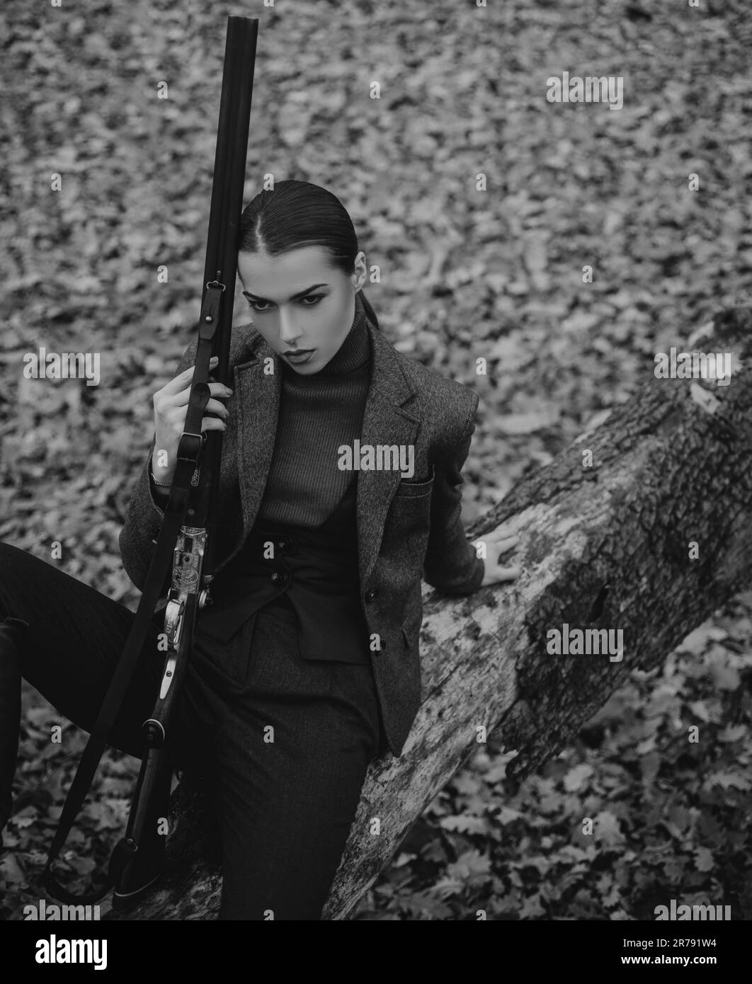 Female with a gun. Hunter woman. Hunter with a backpack and a hunting ...