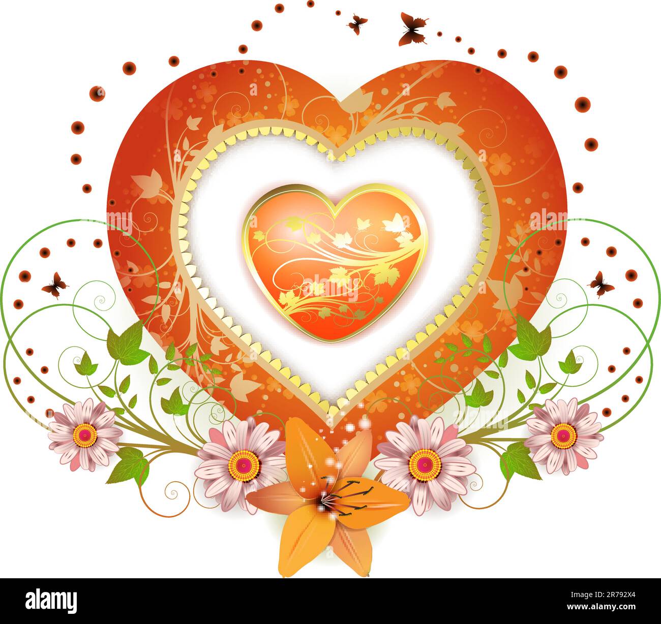 Floral frame with shape heart, lily and gold decoration for Valentine's ...