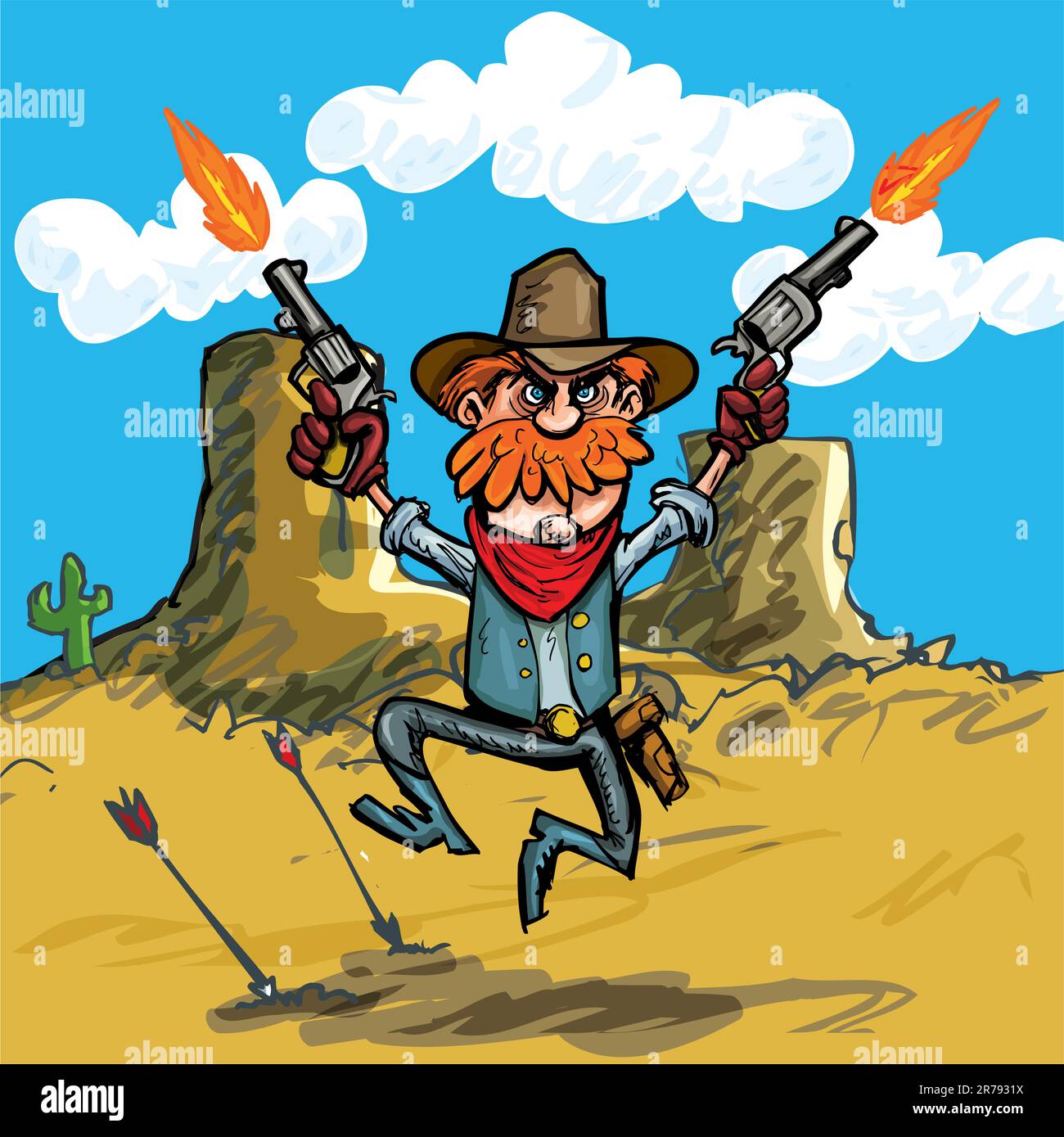 Cartoon cowboy jumping with his six guns in the desert Stock Vector ...