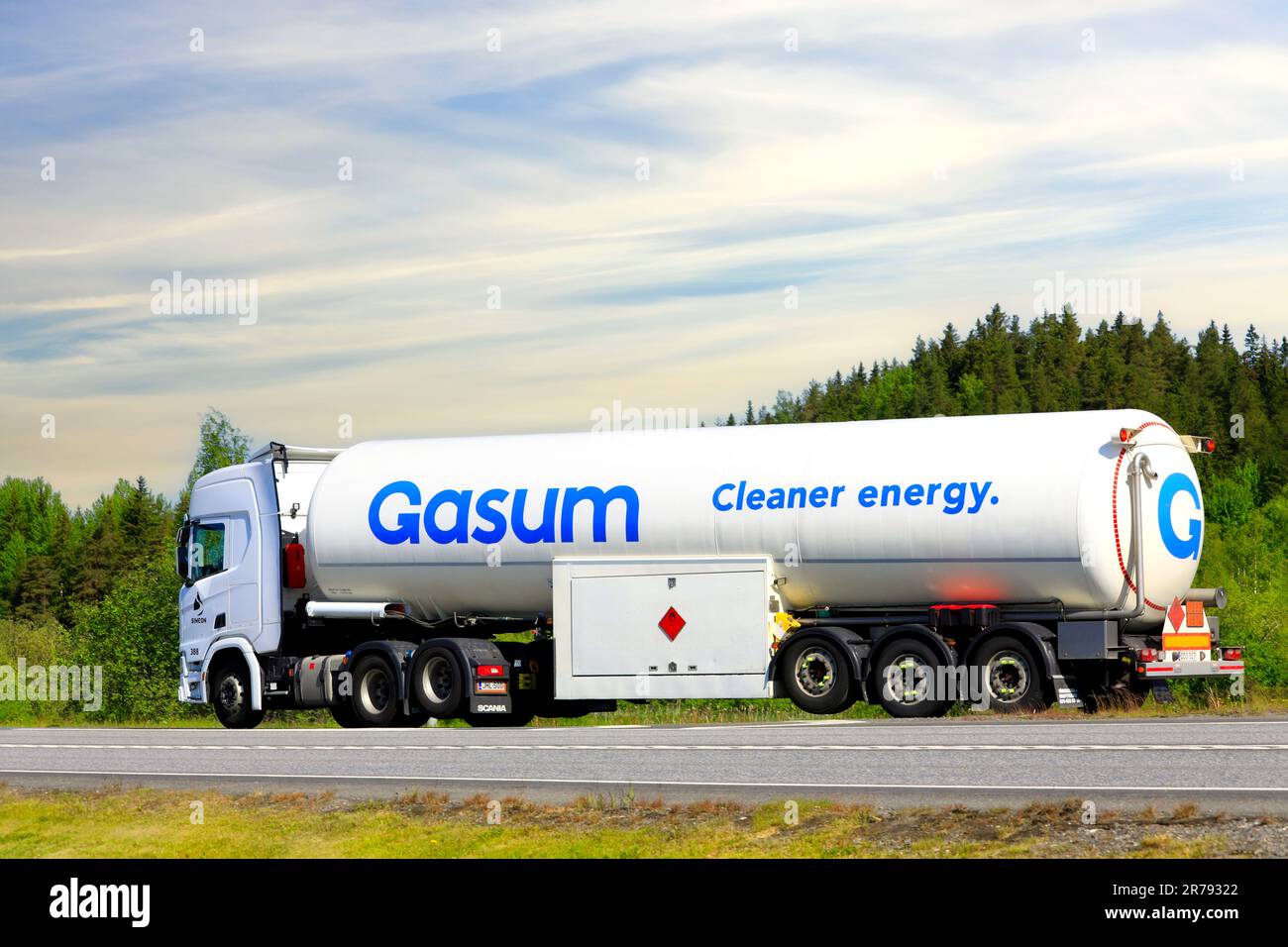 White Scania semi tank truck Gasum hauls LNG, Liquified natural gas ...