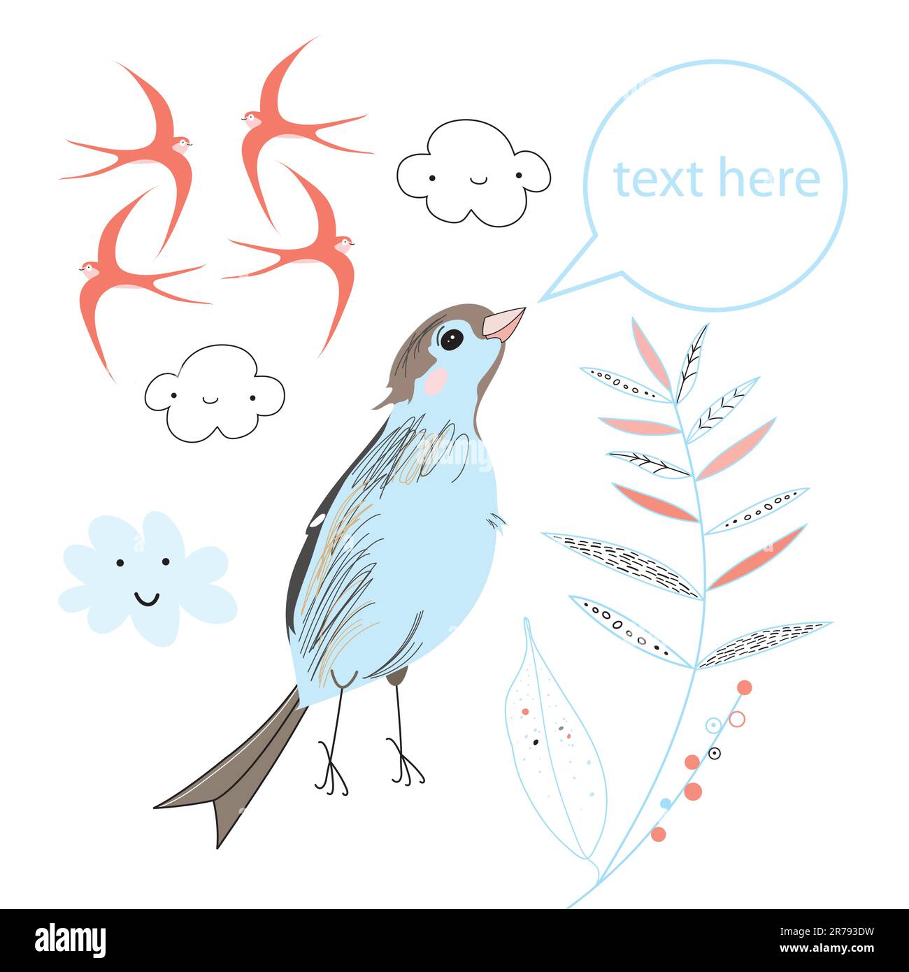 fun spring graphics birdie with a plant on a white background Stock ...