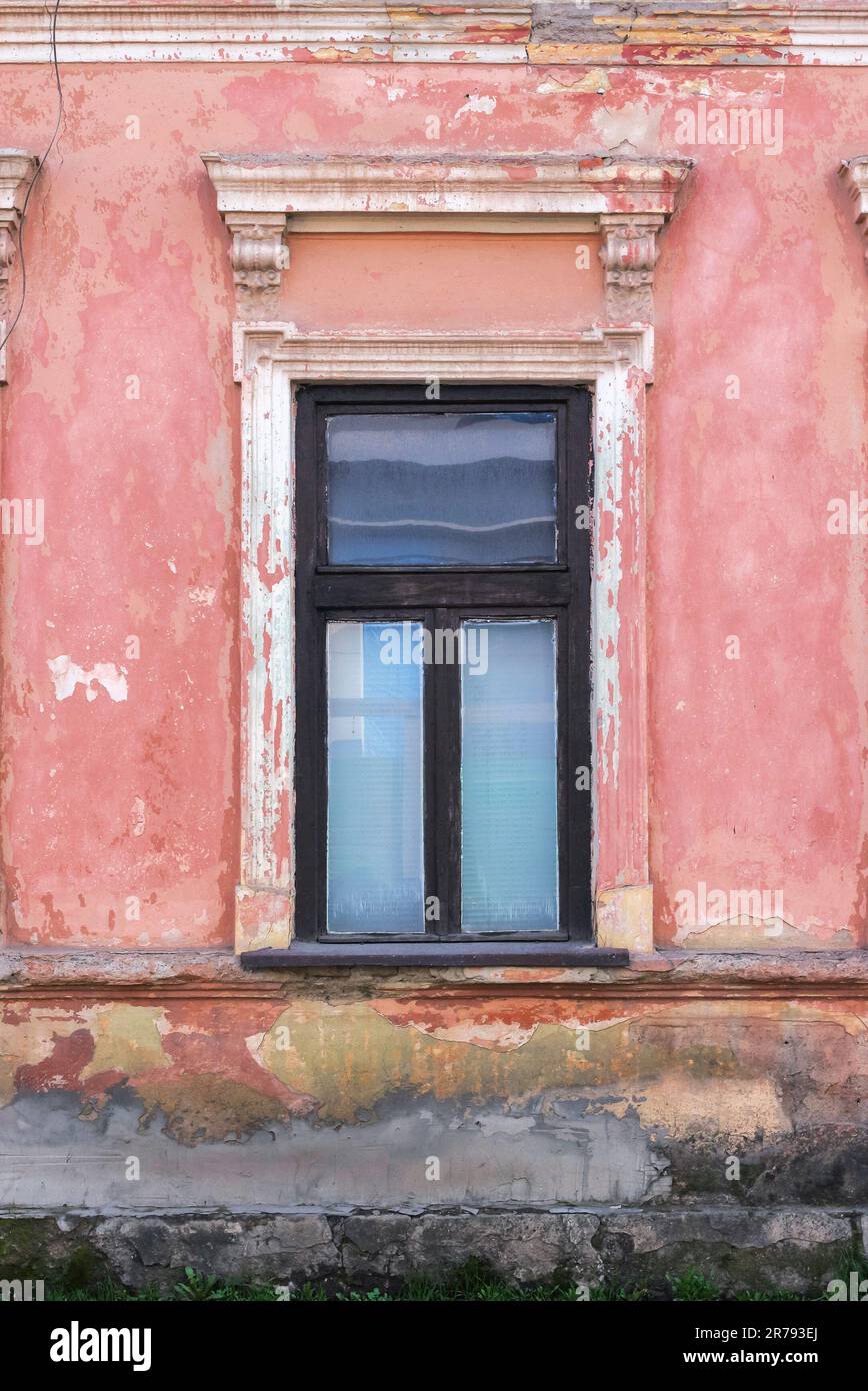 vintage windows on the old facade. abandoned architecture exterior ...