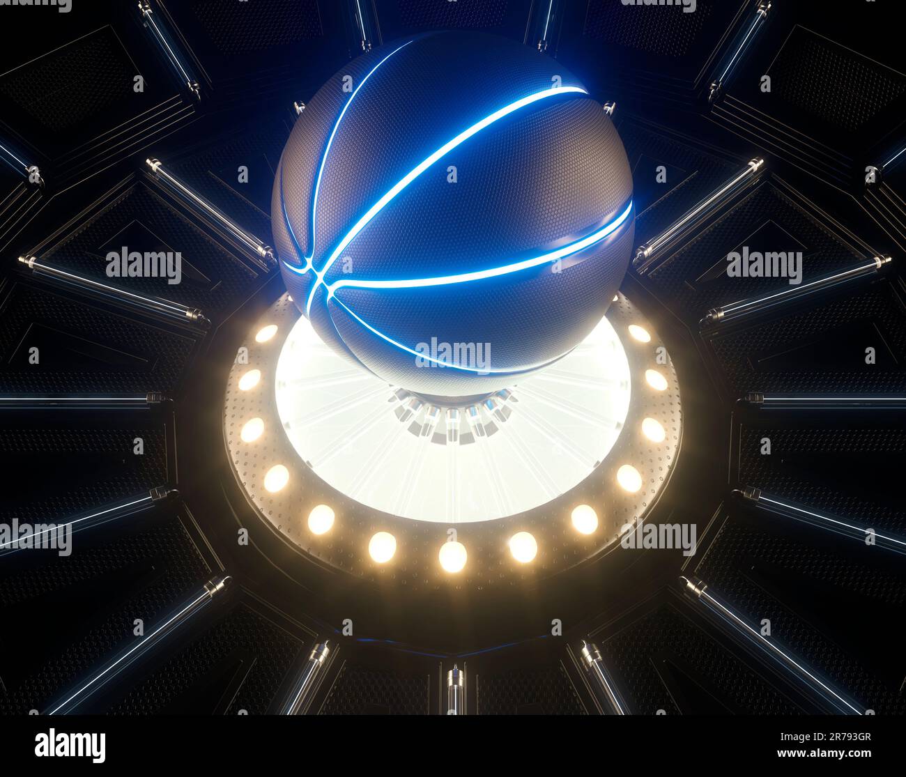 A futuristic sports concept of a basketball ball lit with neon markings ...