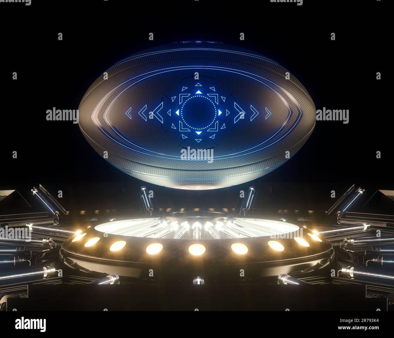 A futuristic sports concept of a rugby ball lit with neon markings ...