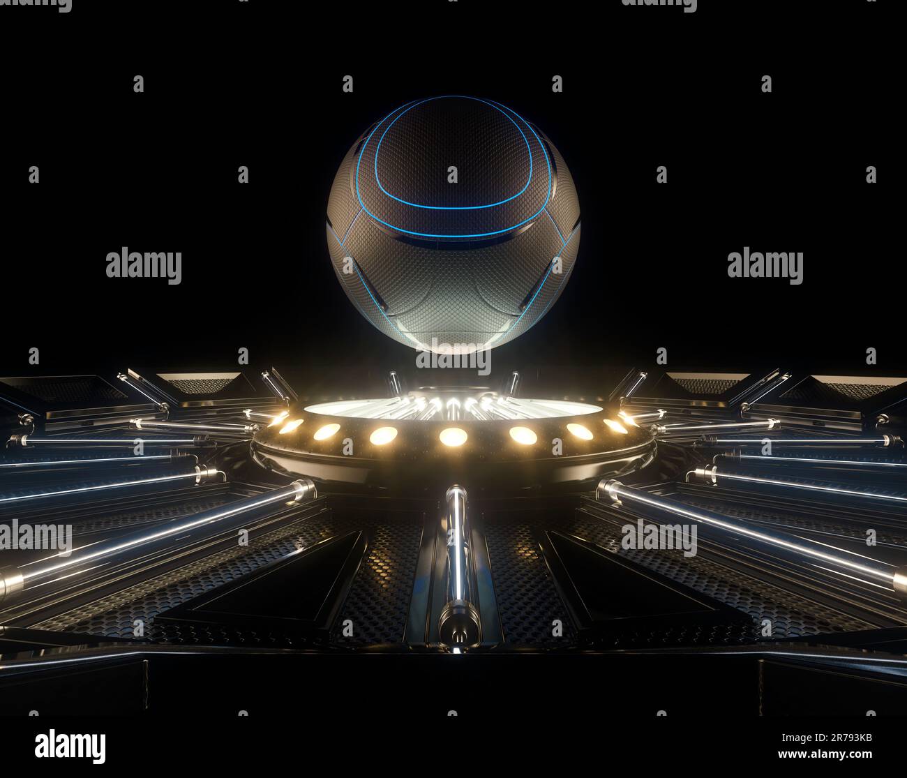 A futuristic sports concept of a soccer or football ball lit with neon ...