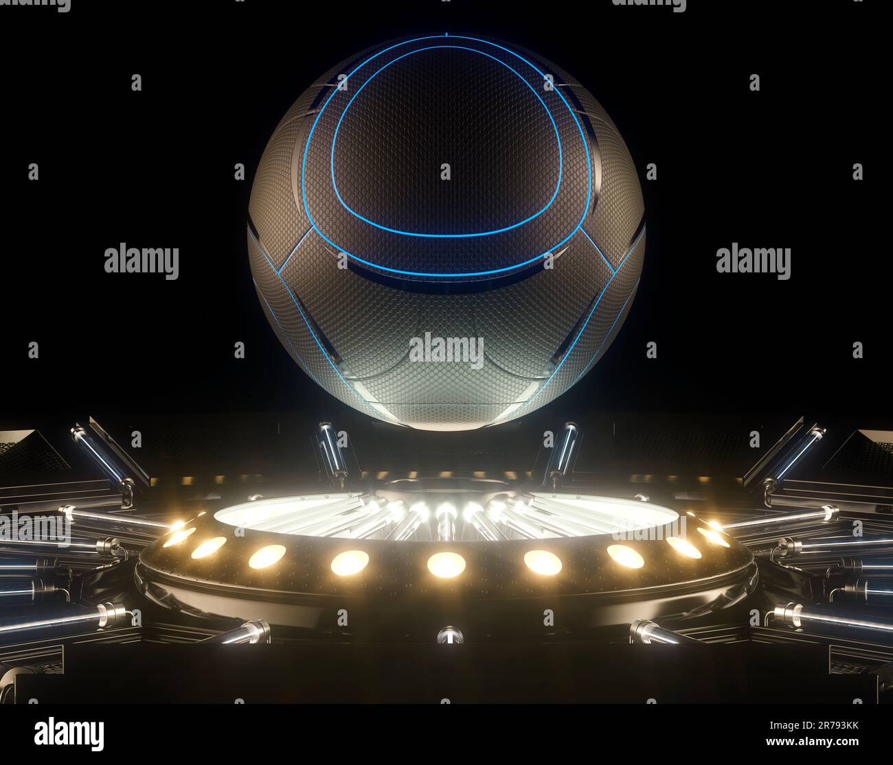 A futuristic sports concept of a soccer or football ball lit with neon ...