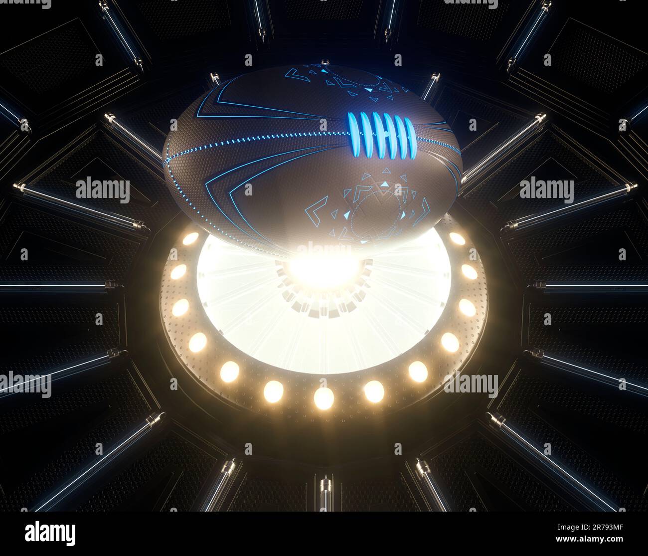 A futuristic sports concept of an aussie rules ball lit with neon ...