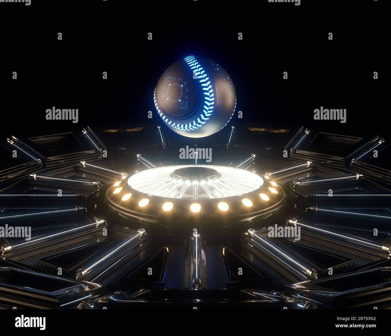 A futuristic sports concept of a baseball ball lit with neon markings ...