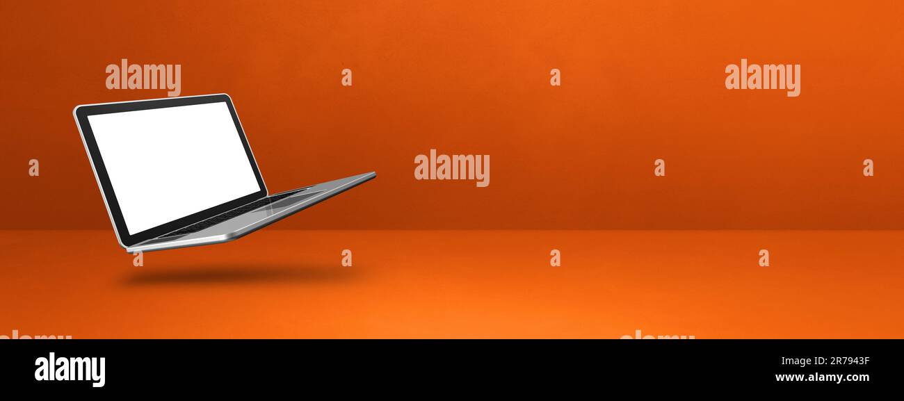 Blank computer laptop floating over an orange background. 3D isolated ...
