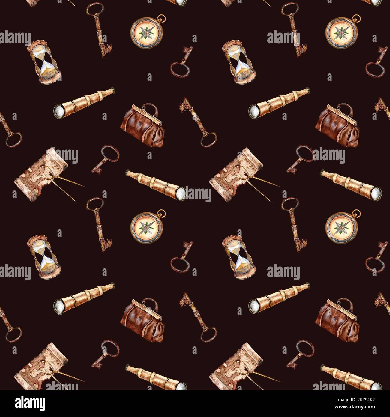 Adventure items vintage style watercolor seamless pattern isolated on ...