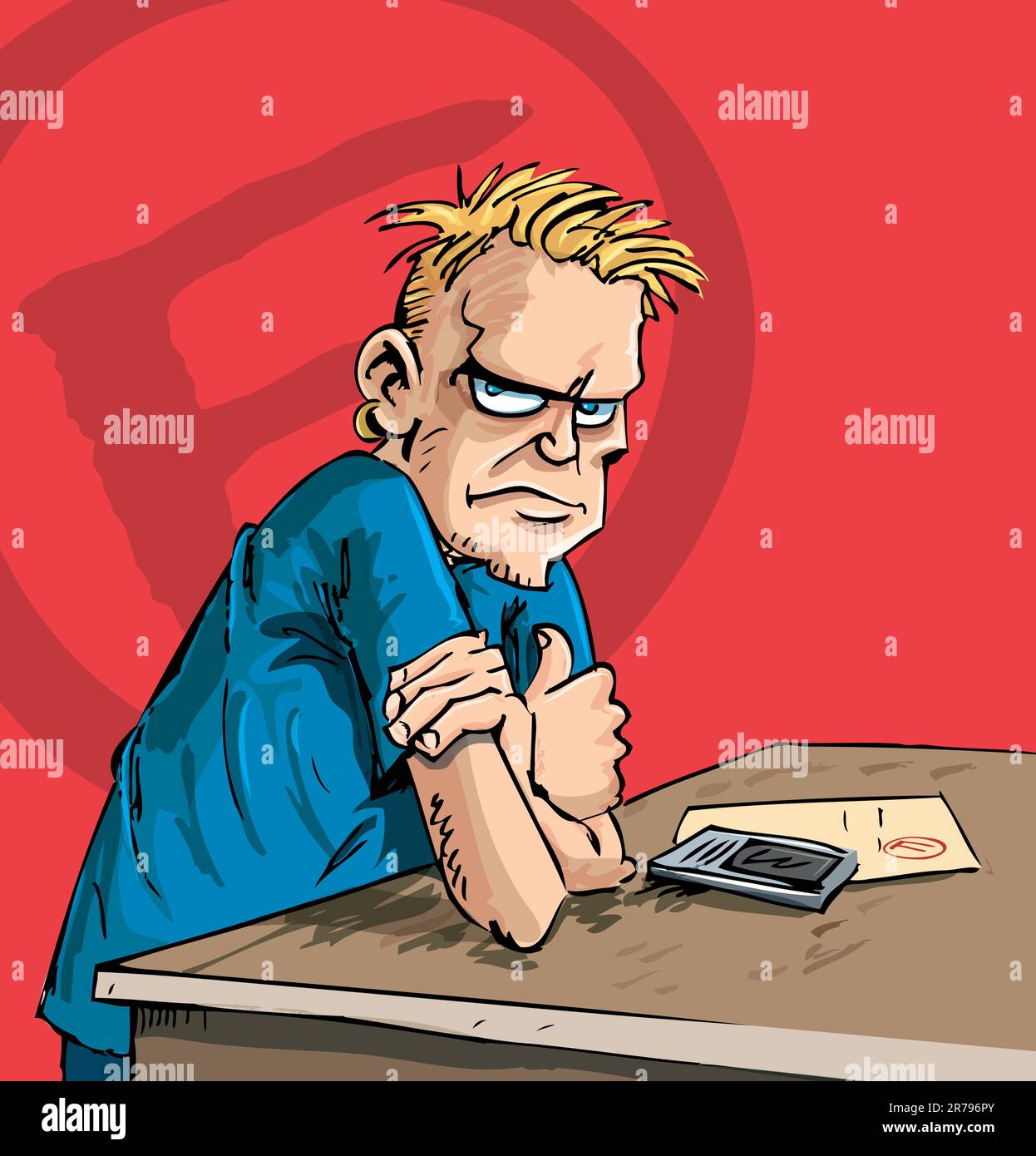 Cartoon teenager with a mobile phone and a report wit a F grade Stock ...