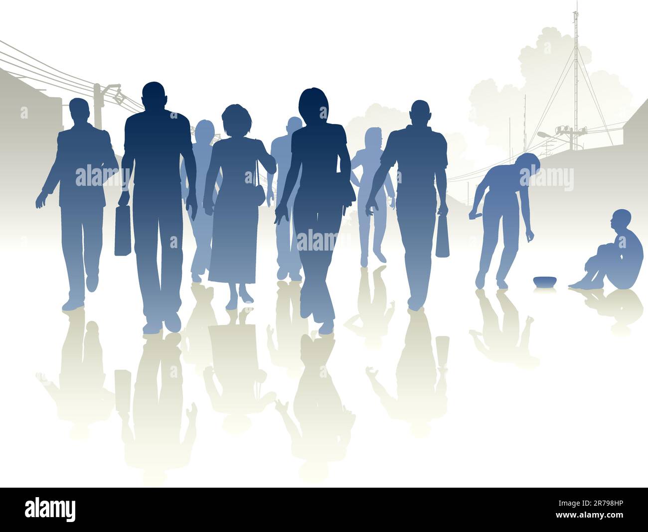 Editable vector silhouettes of a woman from a crowd giving to a beggar ...