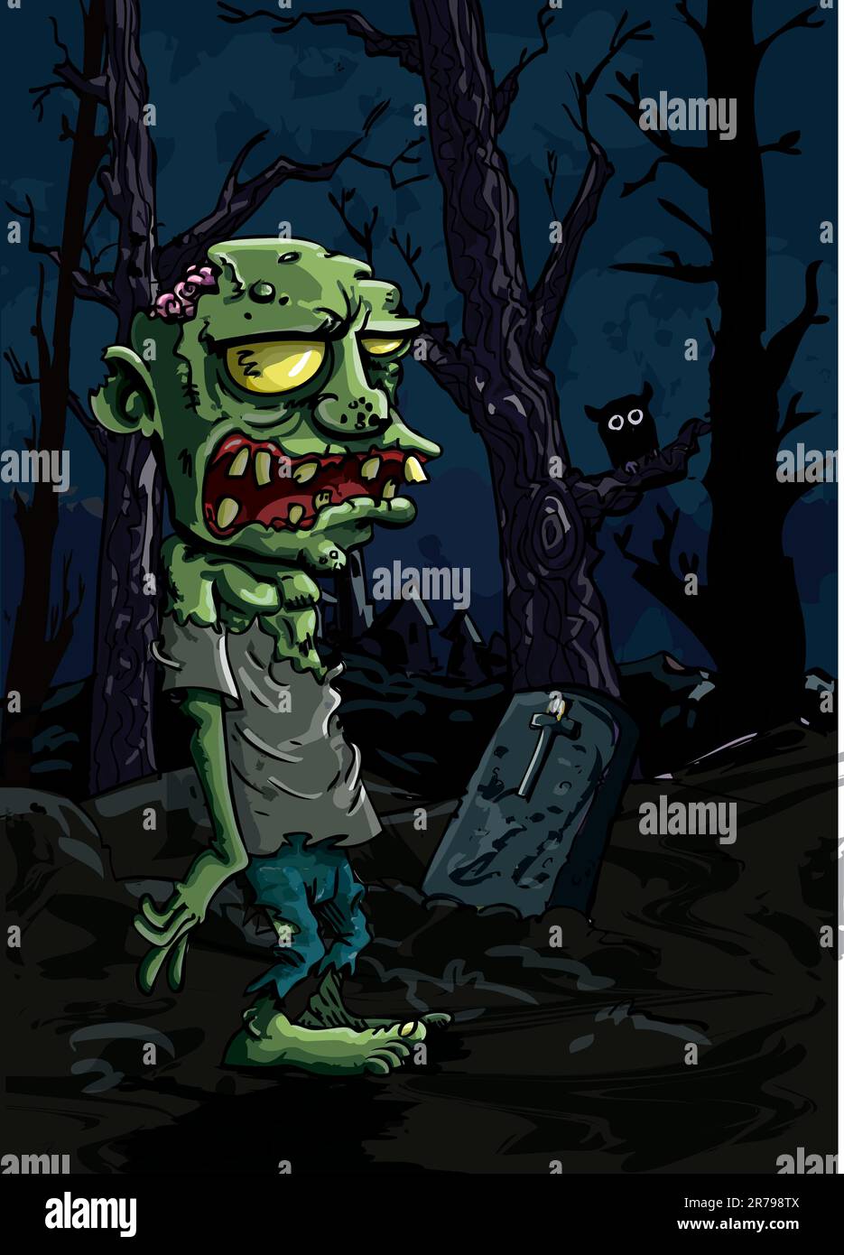 Cartoon zombie in a graveyard. There is a gravestone and a trees in the ...