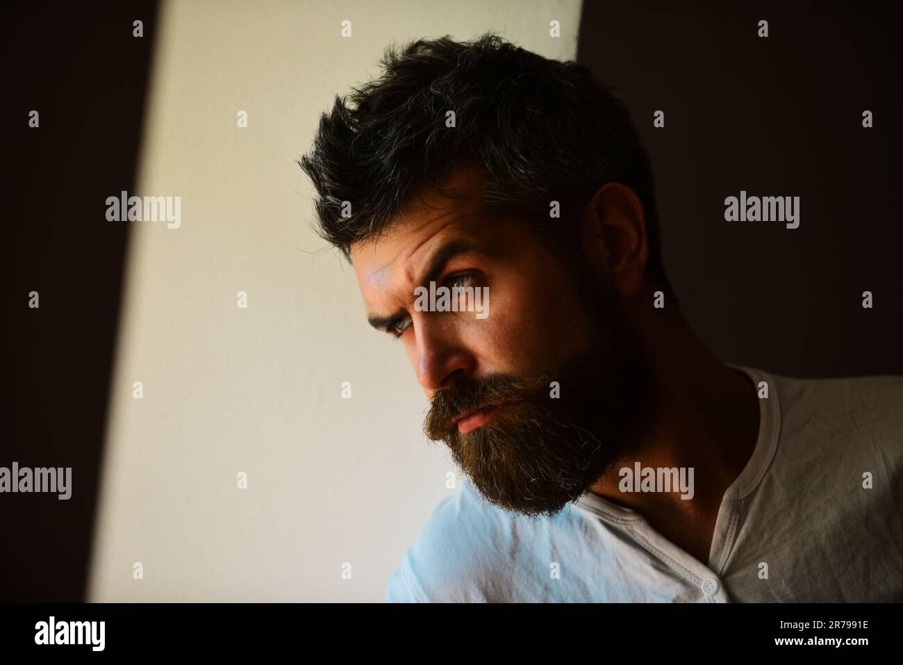 Brutal man, serious face of handsome male model, concept of men power ...