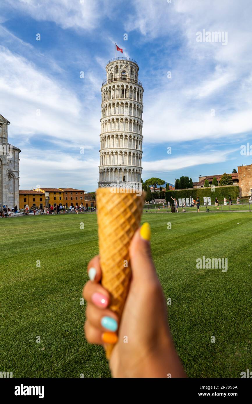 Pisa Tower in an ice cream cone on a colorful sunny day, Tuscany, Italy ...