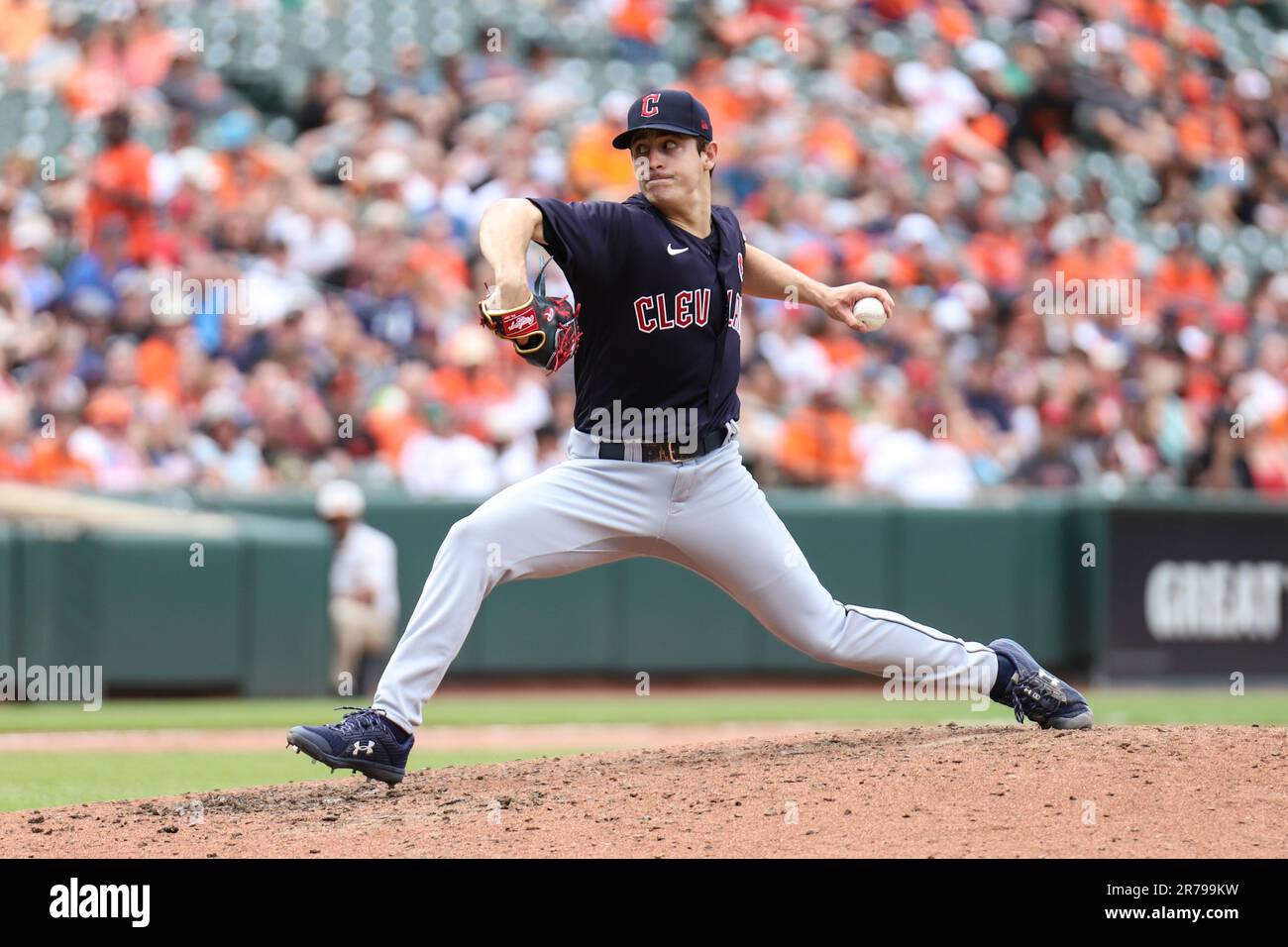 Cleveland Guardians pitcher Logan Allen (41) at the end of his wind up ...