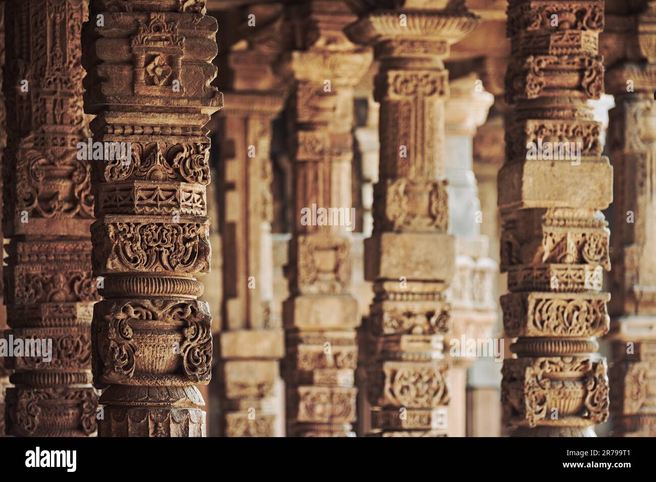 Stone columns with decorative bas relief of Qutb complex in South Delhi ...