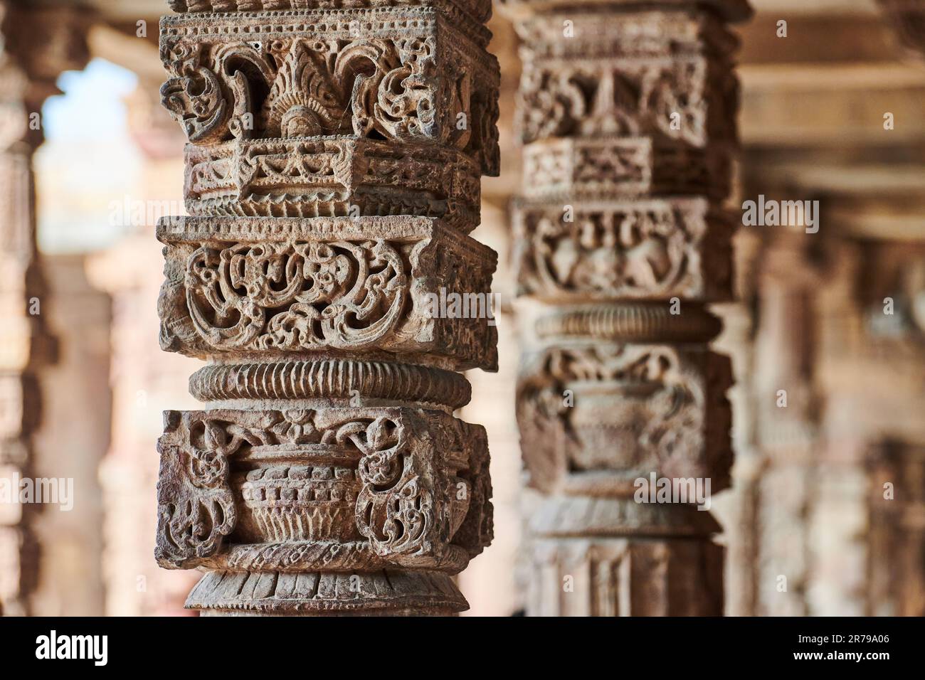Stone columns with decorative bas relief of Qutb complex in South Delhi ...