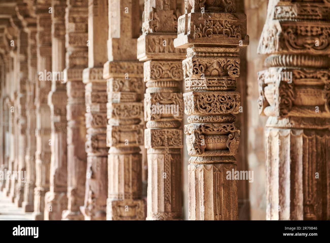 Stone columns with decorative bas relief of Qutb complex in South Delhi ...