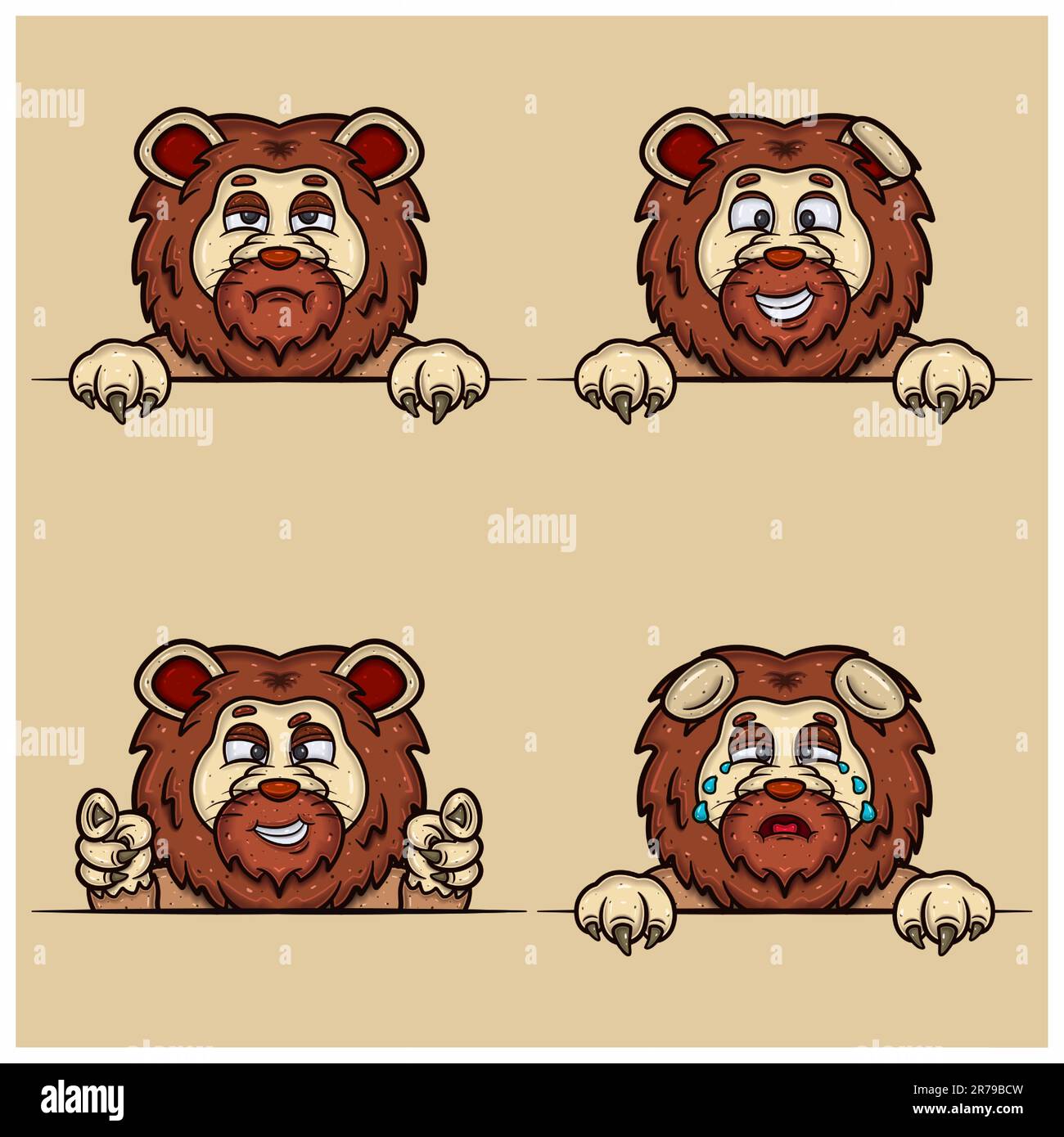 Set Of Expression Lion Face Cartoon. Bored, Crying, Smug and Happy Face ...