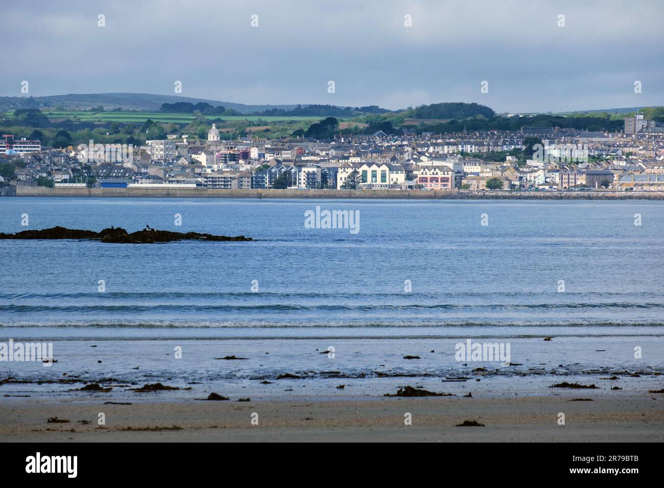 The shoreline of Marazion, town in Cornwall, seen from St Michaels ...